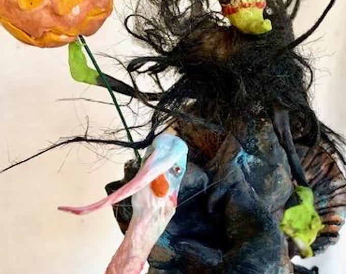 Handmade Papermache Creepy Halloween Witch Riding a Creepy Thanksgiving ...