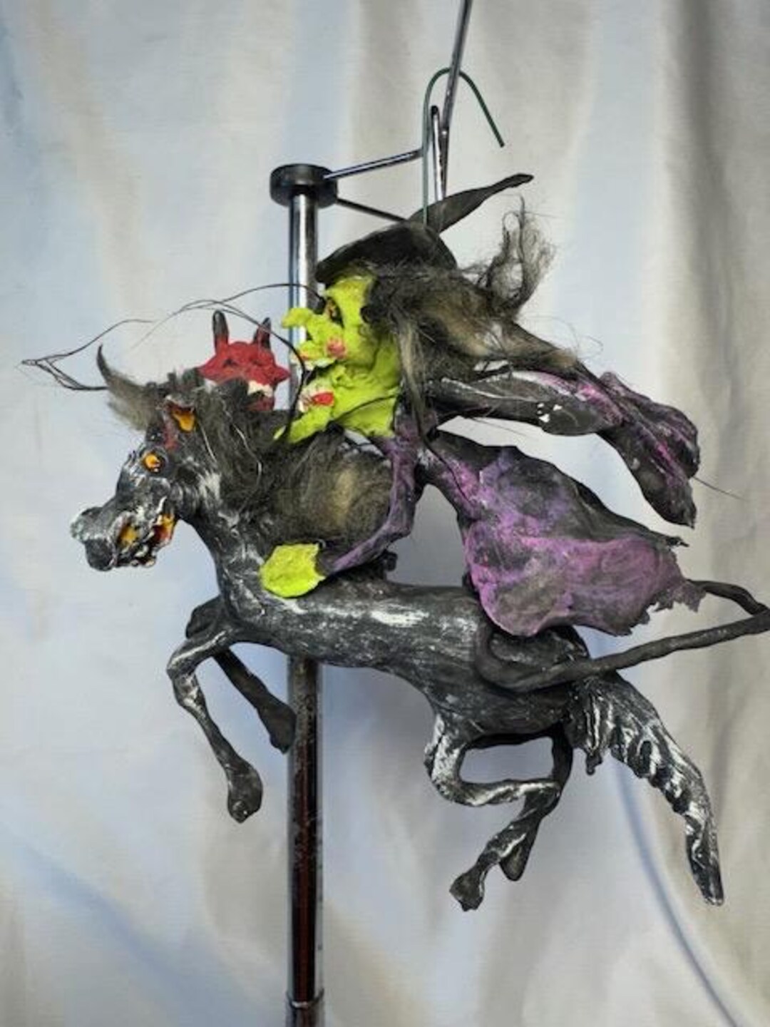 Hand Sculpted Primitive Halloween Witch With Flying Cape Riding Black ...