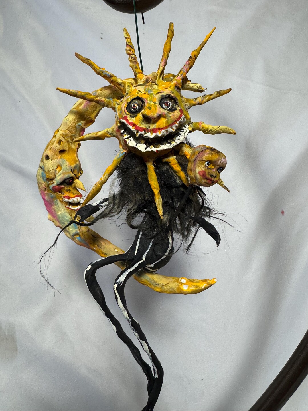 Handmade Papermache Primitive Halloween Creepy Sunguy Riding on Mr Moon ...