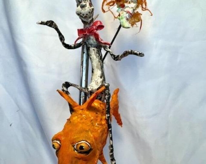 Hand Sculpted Papier-mâché Creepy Halloween Cat in the Hat Riding Fish ...