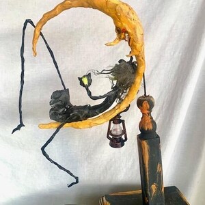 Handmade Paper Mache Creepy Halloween Witch Relaxing on Spooky Crescent ...
