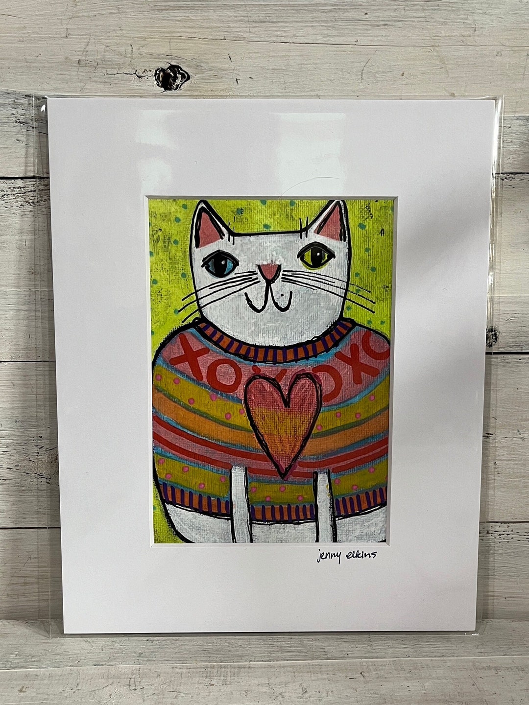 Signed ART Print 5 X 7 LOVE Cat Xoxo Heart CAT by Jenny Elkins Mat 8 X ...