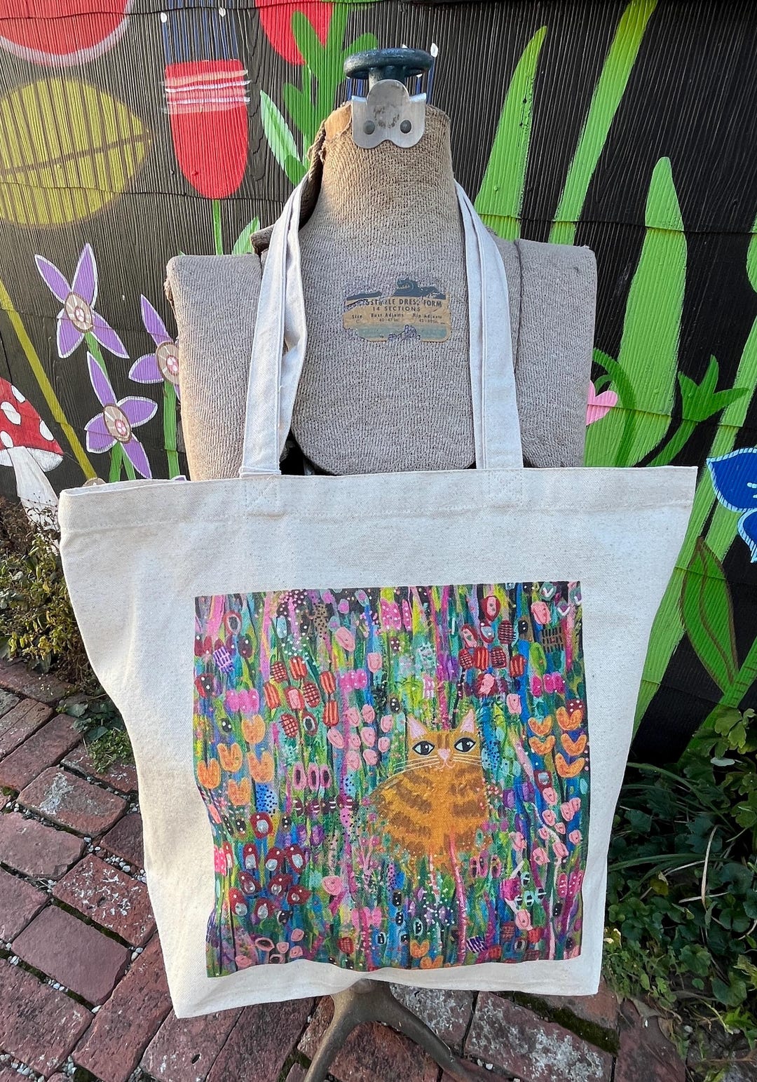 Canvas TOTE Bag Ginger CAT in the Garden by Jenny Elkins - Whimsical ...