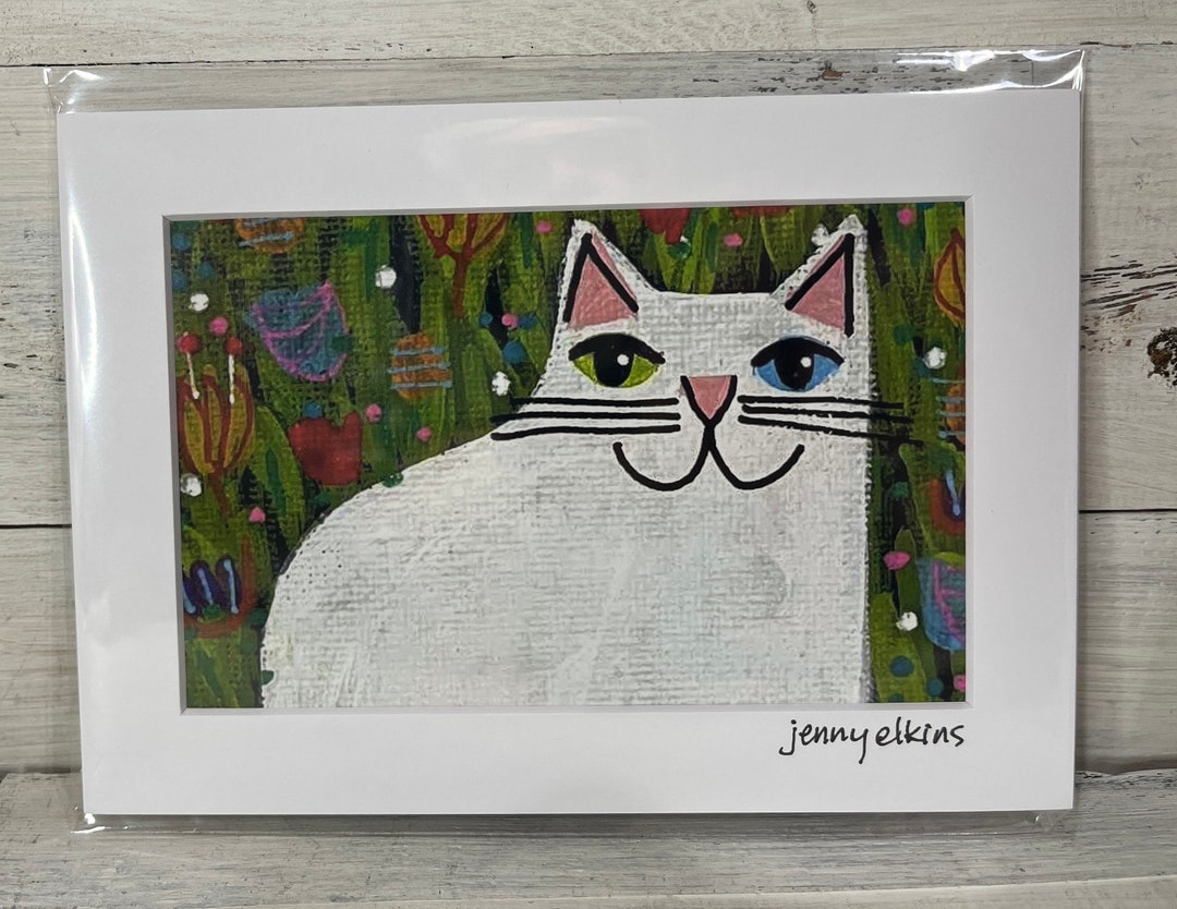 Signed ART Print 4 X 6 Image WHITE Kitty CAT Print by Jenny Elkins Mat ...