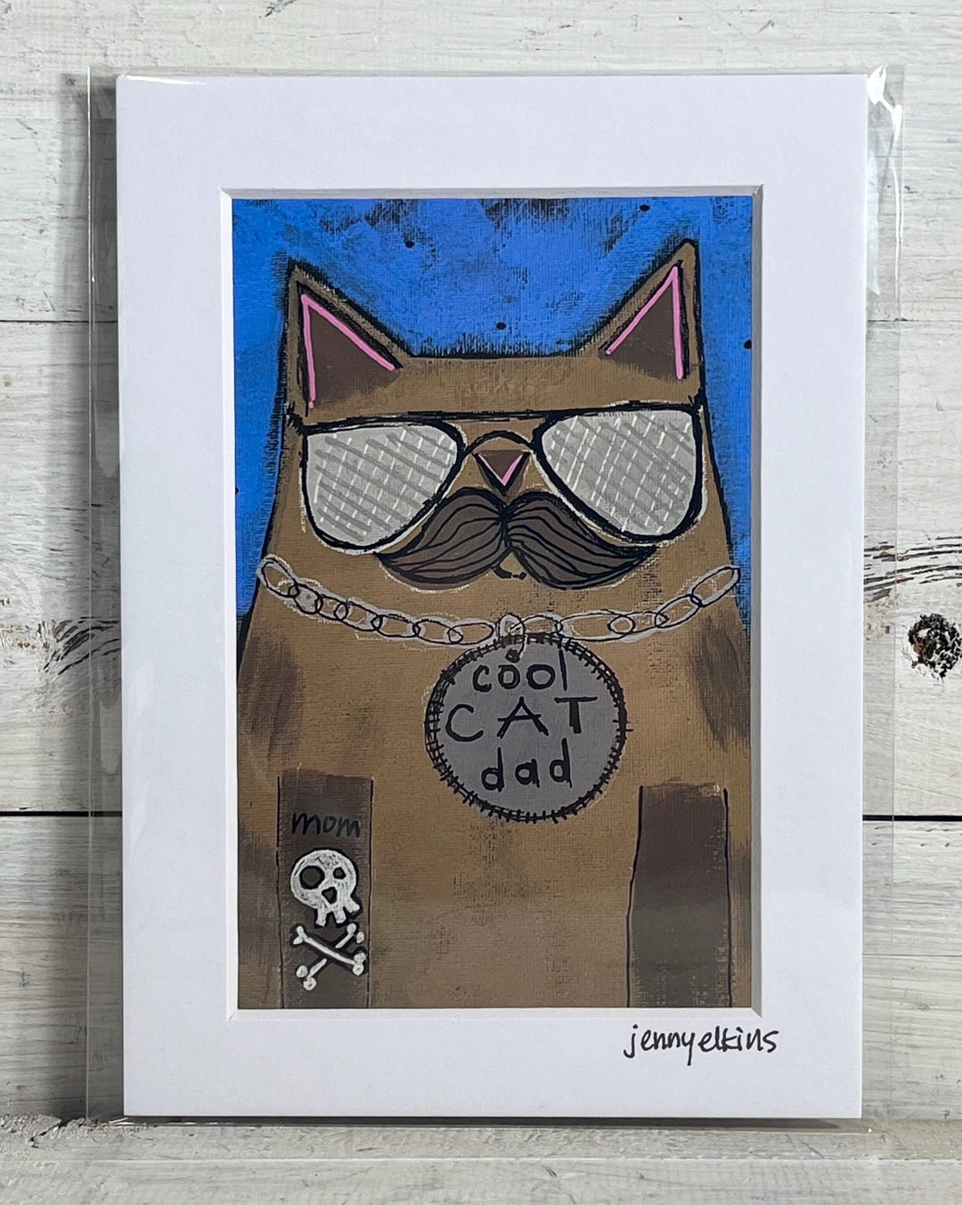 Signed ART Print 4 X 6 Image Cool CAT Dad Print by Jenny Elkins Mat 5 X ...