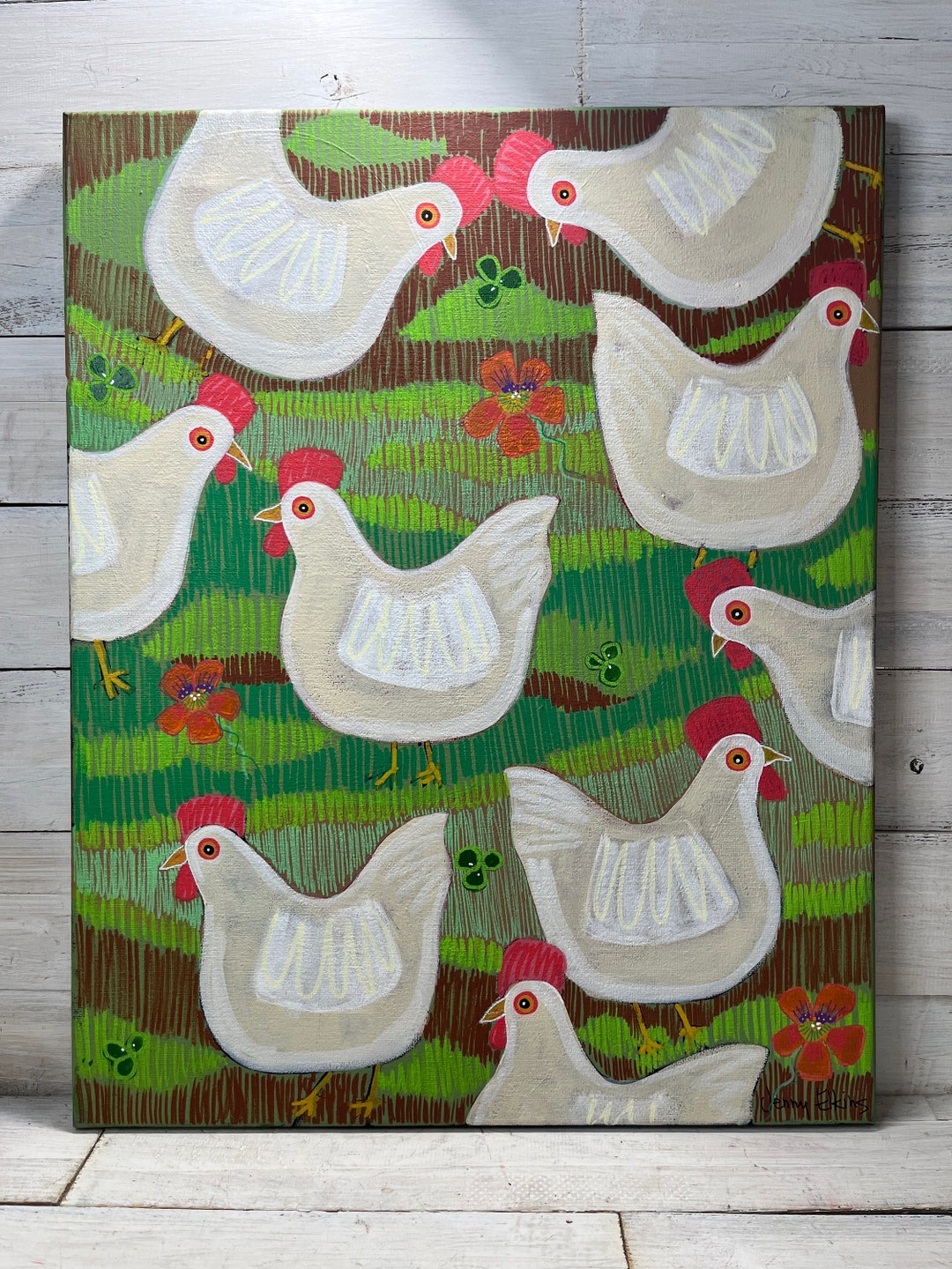 16 X 20 Original White CHICKENS Painting by Jenny Elkins White Layers ...