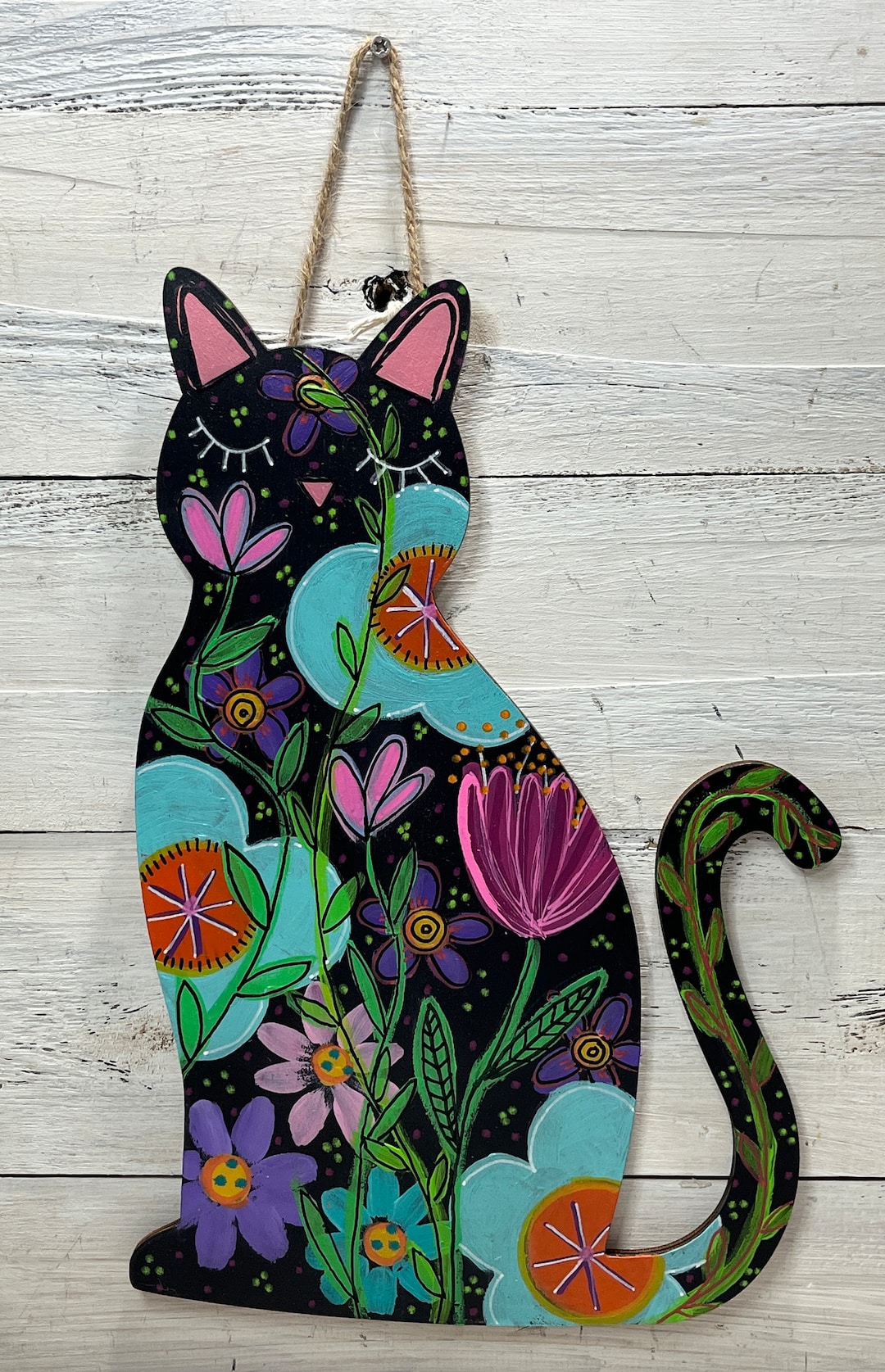 Hand Painted Floral CAT Wall Decor by Jenny Elkins 10” X 6 1/2 ...