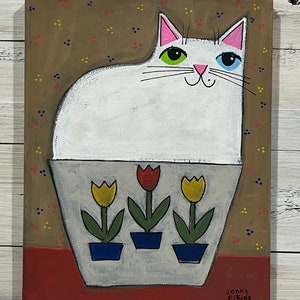 White CAT in Vintage Pyrex BOWL Painting by Jenny Elkins 8 X 10 Cat ...