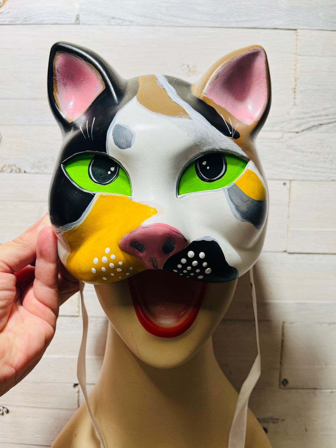 Calico CAT Mask Handpainted by Jenny Elkins - Removable Eyes - Ribbon ...