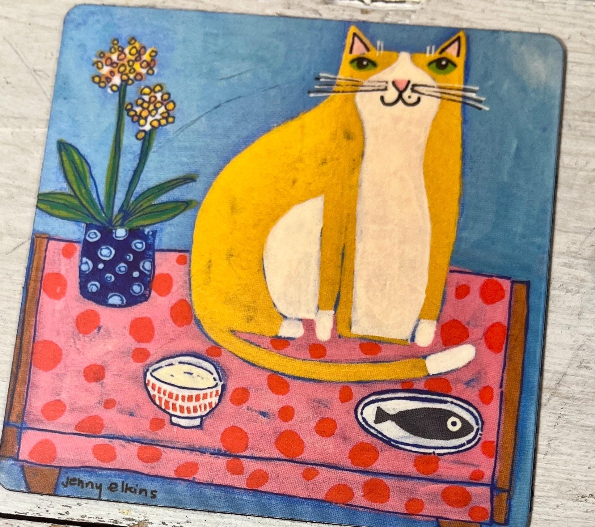 Yellow and White Cat Table Scape Magnet 3” X 3” - by Jenny Elkins - Cat ...