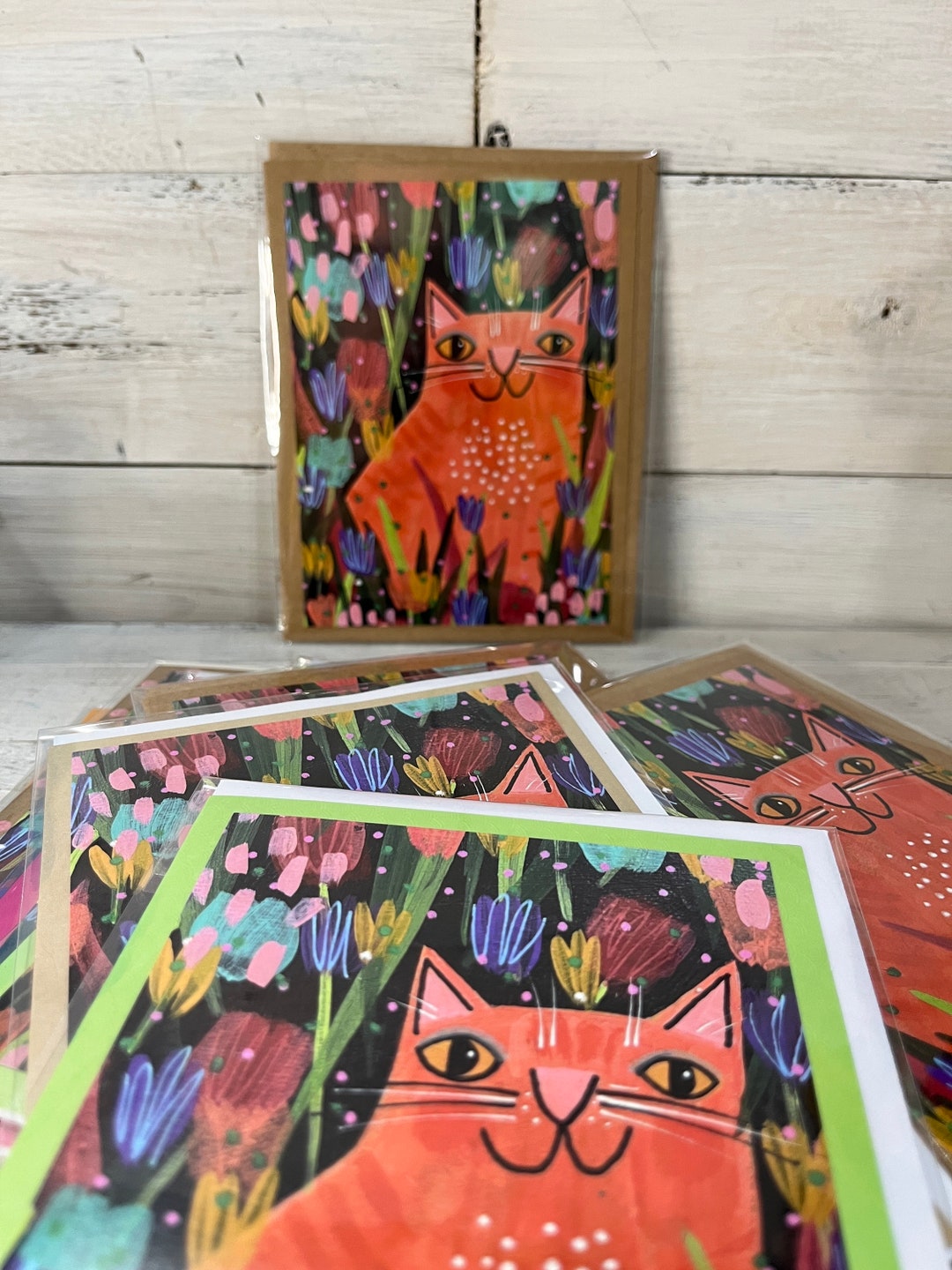 Ginger CAT Tip Toe in the Tulips Card Blank Greeting Card by Jenny ...