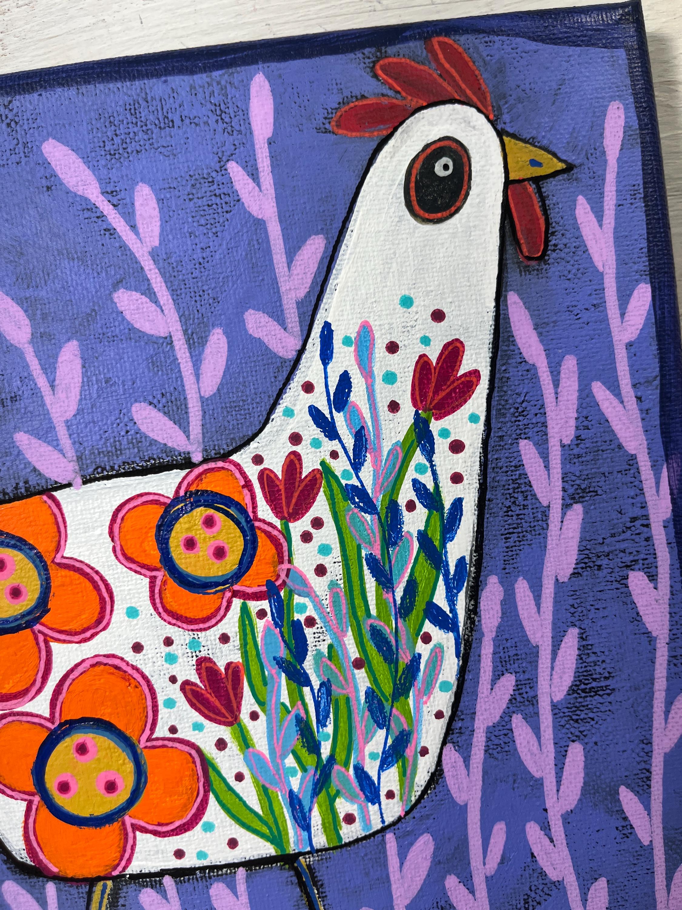 8 X 8 White Floral Chicken Painting by Jenny Elkins - Chicken Painting ...
