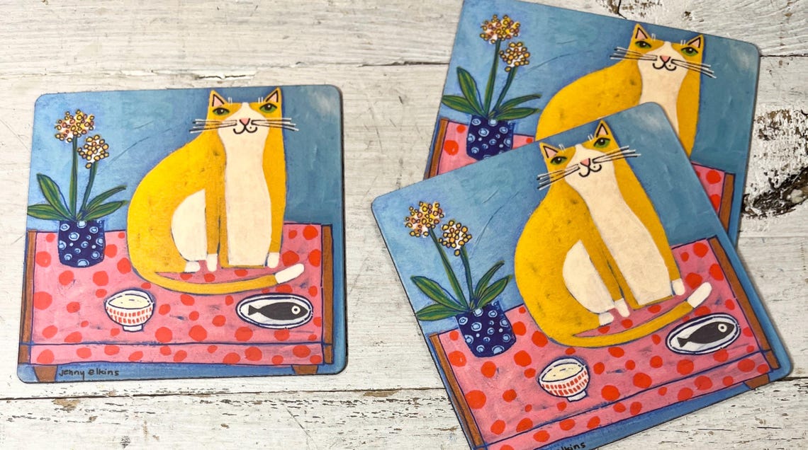 Yellow and White Cat Table Scape Magnet 3” X 3” - by Jenny Elkins - Cat ...