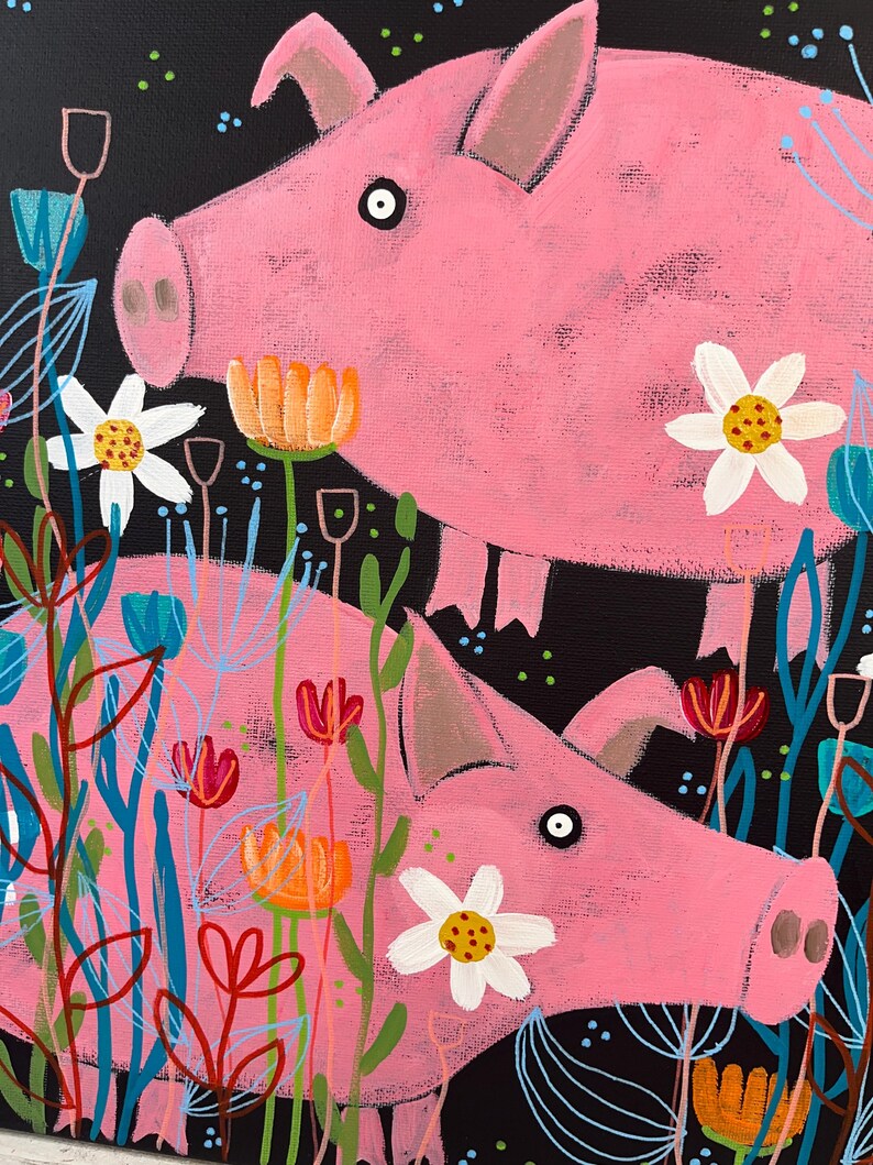 PIGS in the Garden Original Painting by Jenny Elkins 12 X 12 Whimsical ...