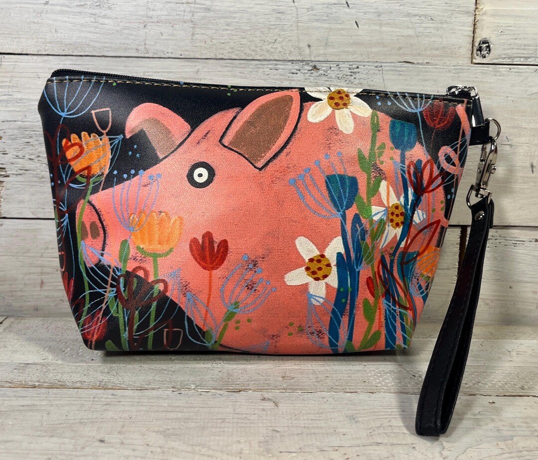 Pig With Flowers Wristlet Pouch Jenny Elkins Original Image - Piggy ...