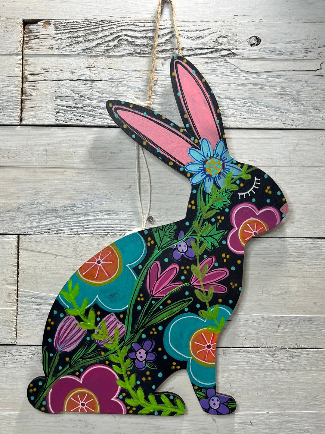 Hand Painted Floral RABBIT Wall Decor by Jenny Elkins 11 X 7 1/2 Bright ...