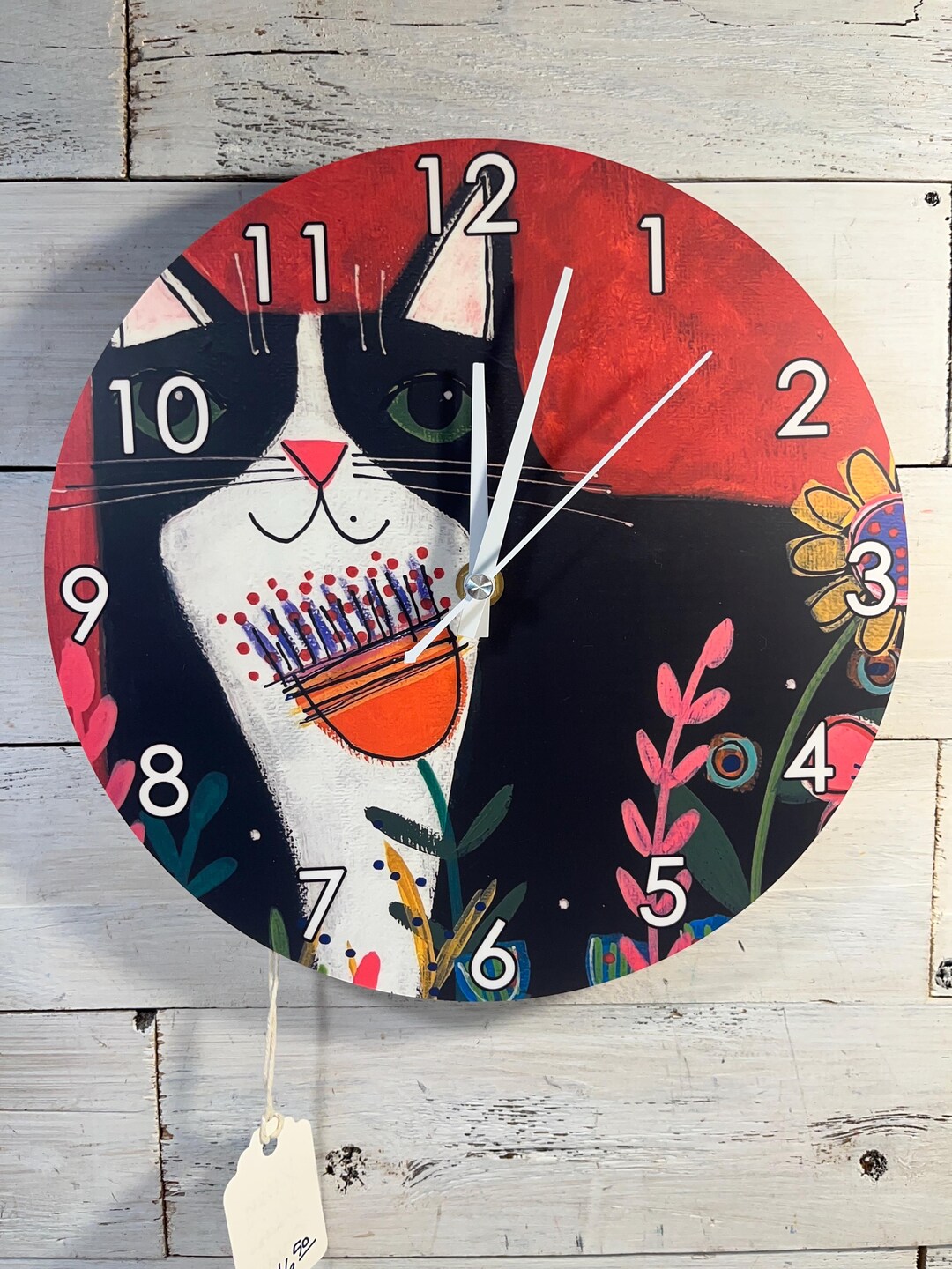 10” Round Clock Tuxedo CAT With Flowers by Jenny Elkins - Wall Decor ...