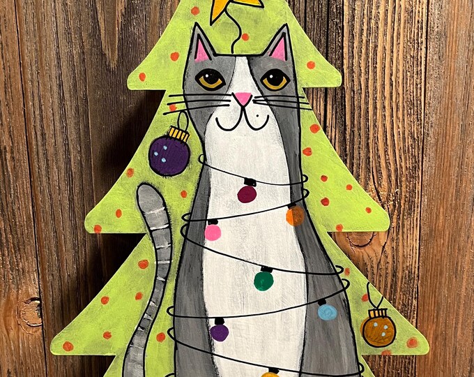 Gray and White CAT in Christmas Tree - Hand Painted - Wooden Ornament ...
