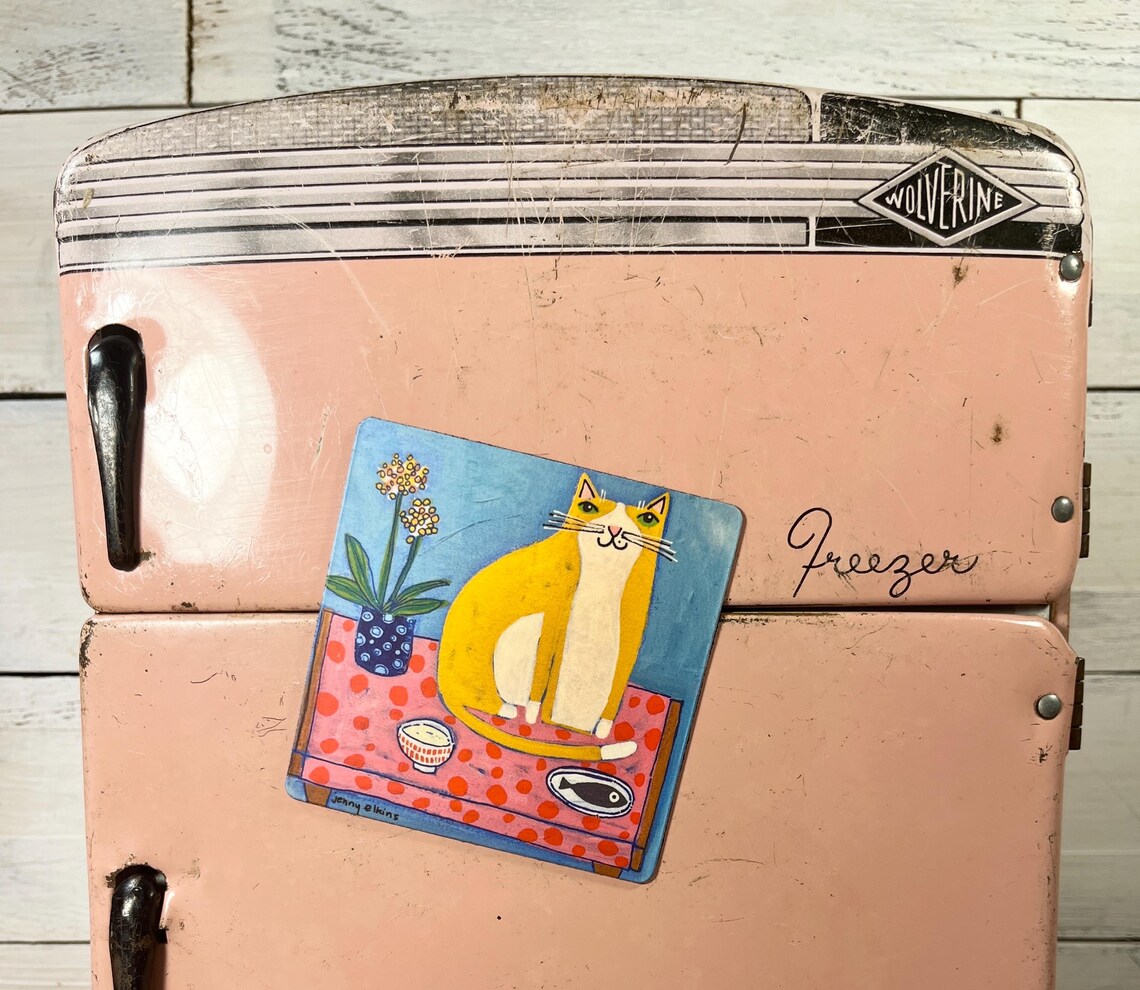 Yellow and White Cat Table Scape Magnet 3” X 3” - by Jenny Elkins - Cat ...