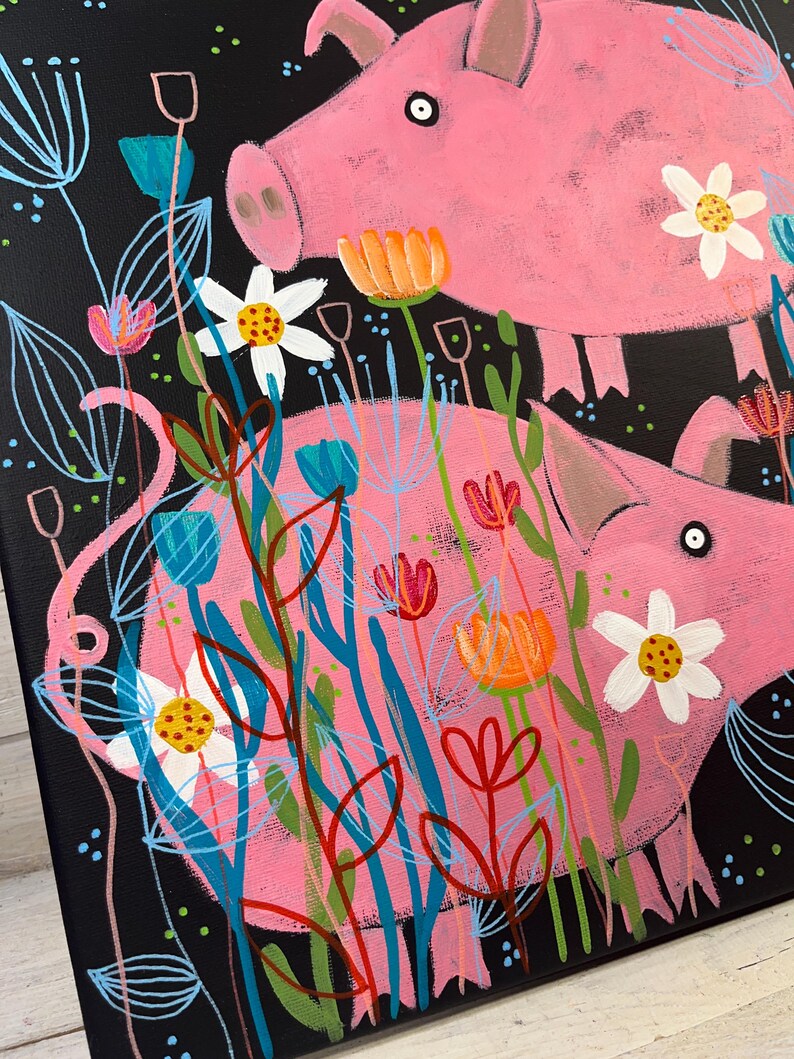 PIGS in the Garden Original Painting by Jenny Elkins 12 X 12 Whimsical ...
