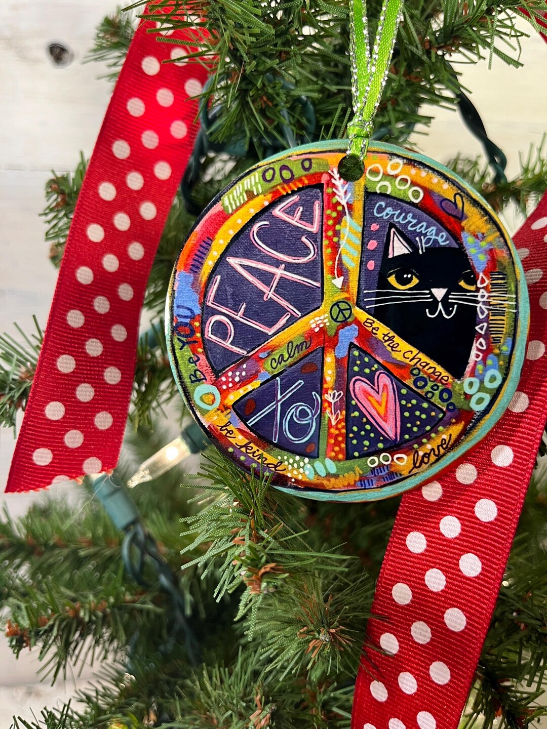 Black CAT Peace Sign XO Heart by Jenny Elkins - Christmas Ornament ...