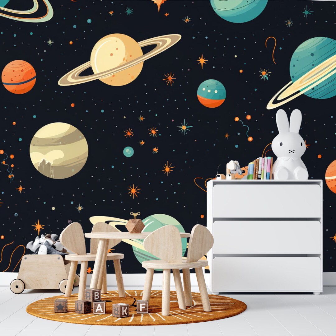 Cute Solar System Kids Room Wallpaper, Vintage Peel and Stick Wallpaper ...