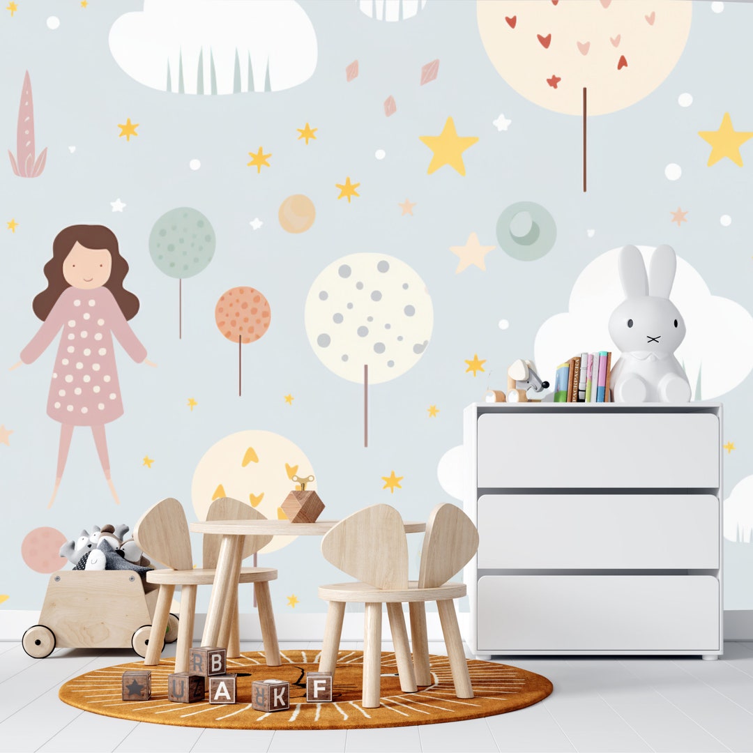 Cute Kids Room Wallpaper, Vintage Peel and Stick Wallpaper, Watercolor ...
