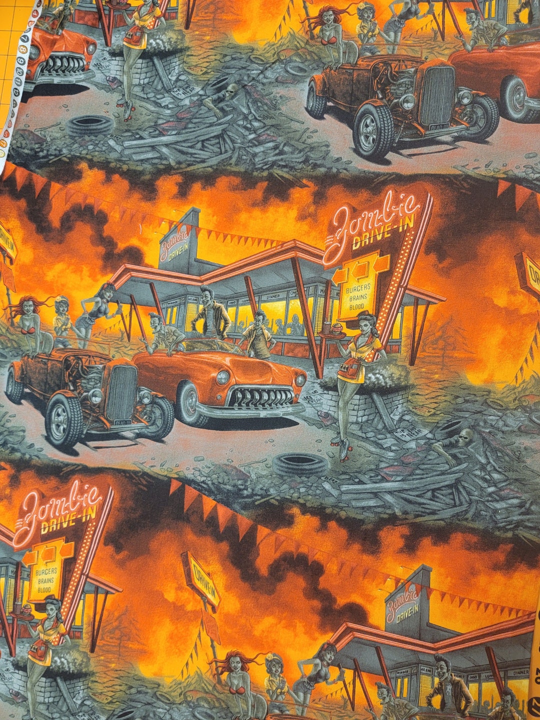 1 Yard Zombie Drive-in Pin up Car Hop Girl 8364A Novelty Cotton Fabric ...