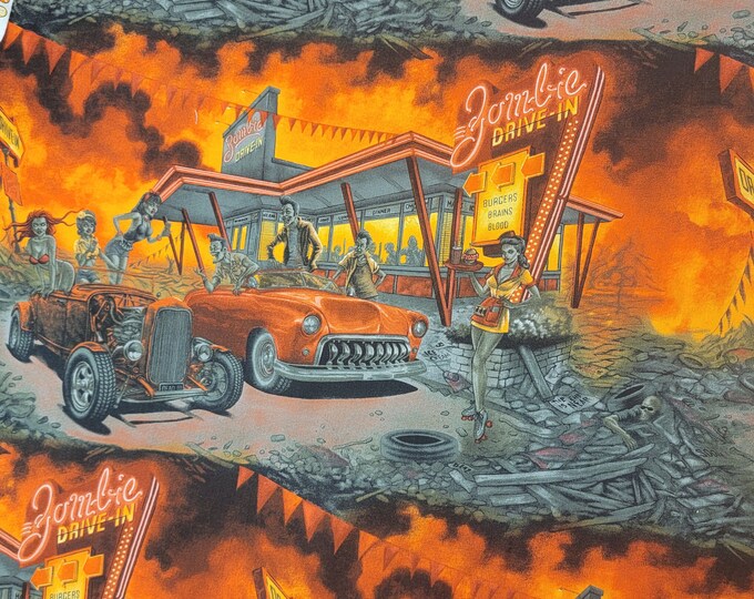 1 Yard Zombie Drive-in Pin up Car Hop Girl 8364A Novelty Cotton Fabric ...