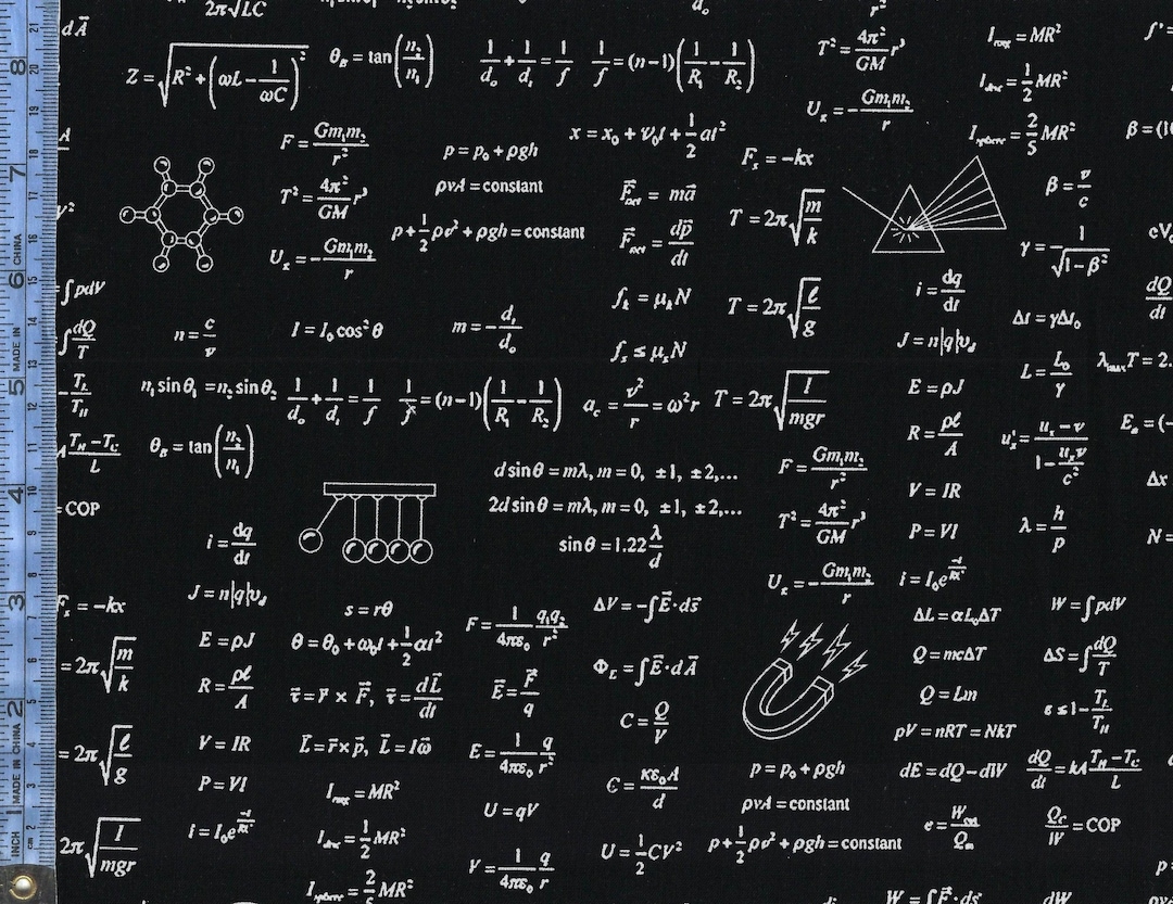 1/2 Yard SCIENCE FAIR Molecules Chemistry Formulas White on Black Woven ...