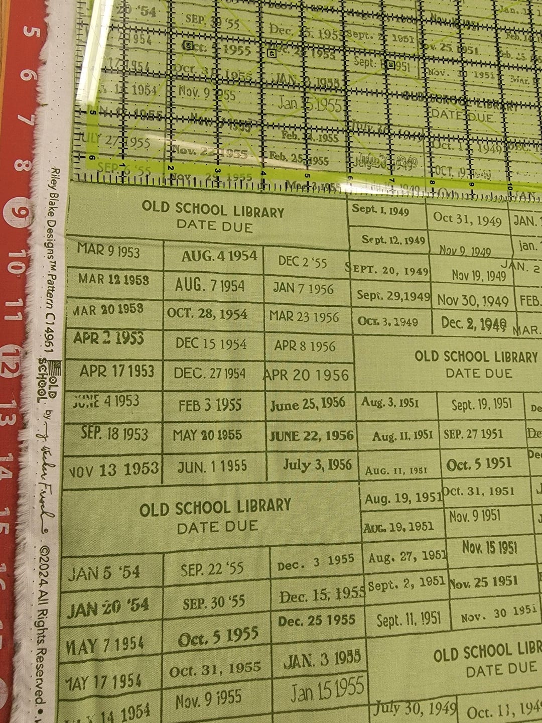 Old School Library Cancelation Dates Stamps Text Lime Green 1 YARD by ...