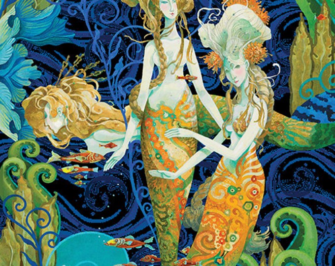 1 Yard Mythical Mermaids Atlantis Allover Repeat Blue Green by Benartex ...
