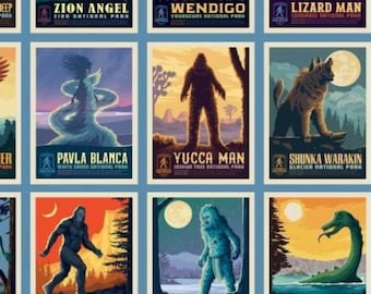 Legends of the National Parks Postcards Blue Quilt Cotton Fabric by ...