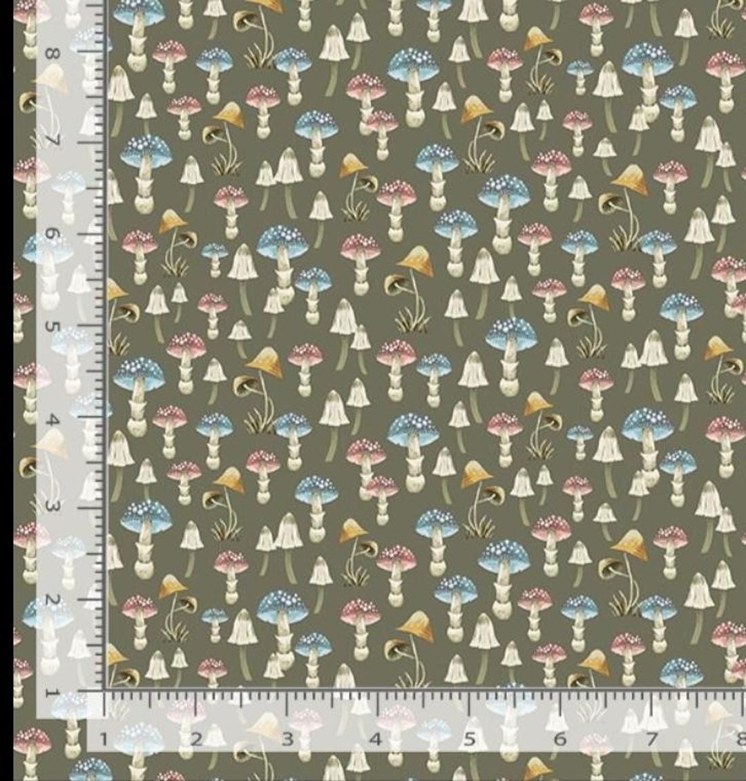 Mushroom Field Dear Stella D3348 Mushrooms in Dill Green Fabric Woven ...