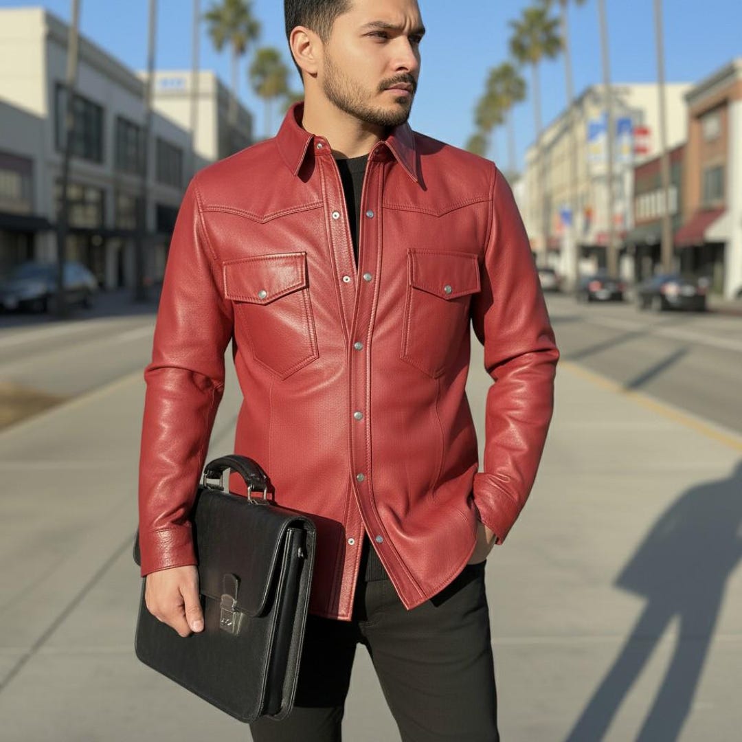 Handmade Mens Red Distressed Leather Slim Fit Biker Shirt - Etsy