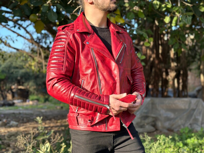 Men's Handmade Distressed Red Leather Jacket, Men's Motorcycle Biker ...