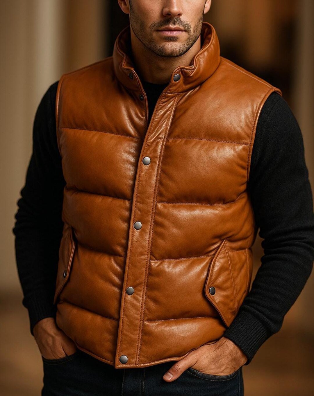 Men's Brown Waxed Leather Puffer Vest, Genuine Lambskin - Etsy