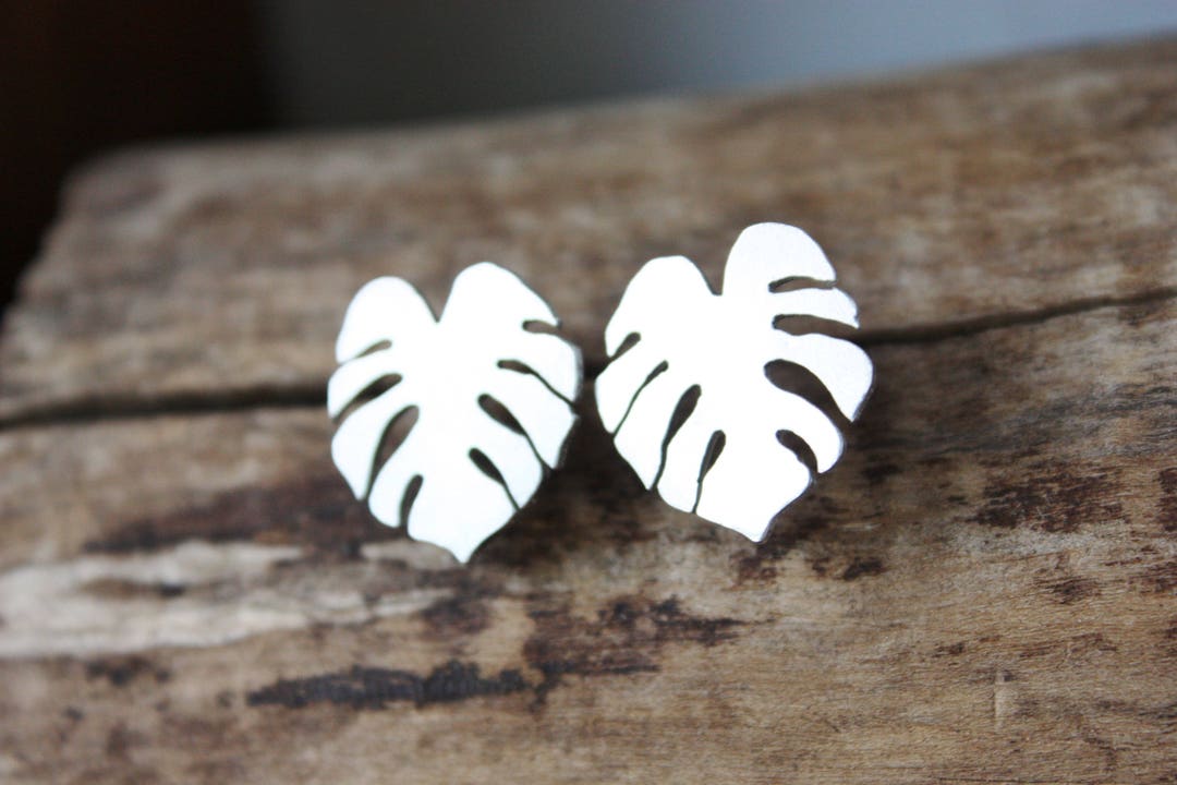 Monstera Leaf Earrings, Sterling Silver Stud Earrings, Botanical ...