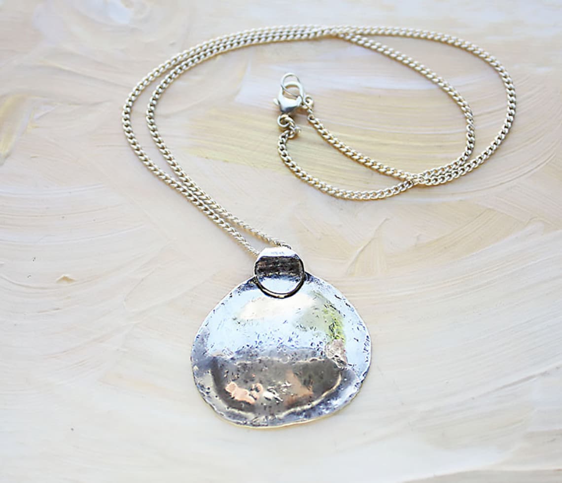 Sterling Silver Necklace Big Silver Pendant Organic Round - Etsy