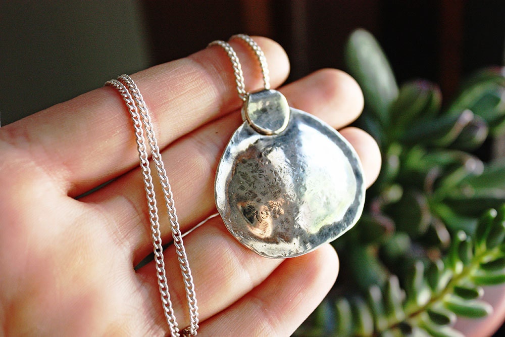 Sterling Silver Necklace big silver pendant organic round | Etsy