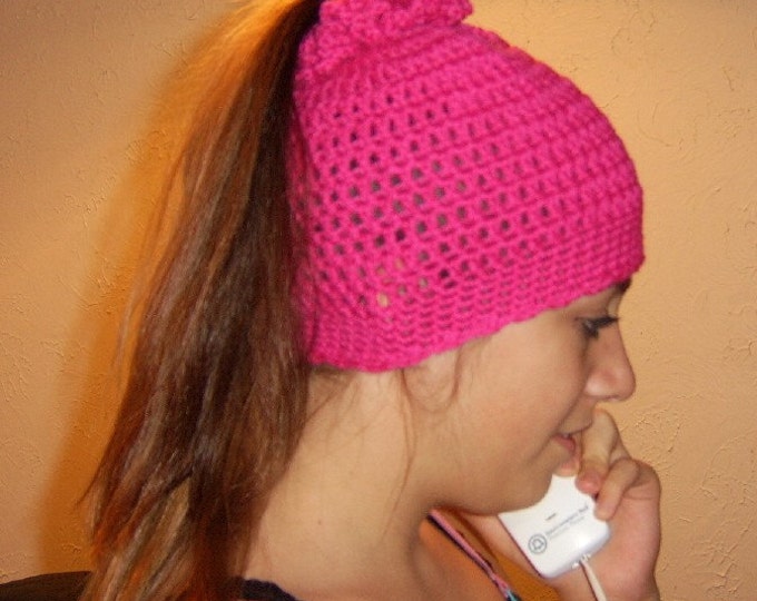 The Ponytail Hat Stocking Cap Crocheted in Hot Pink - Etsy