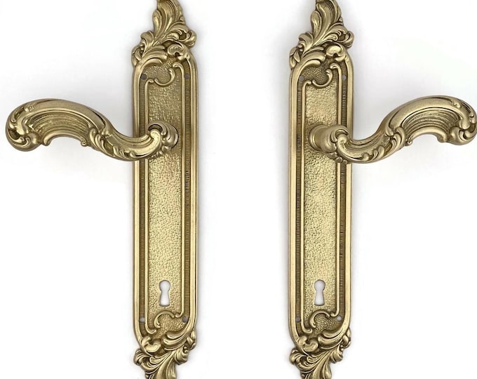 French Brass Door Handles With Plates, Embossed Cast Brass Front Door ...
