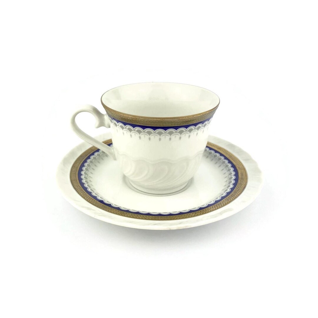 Jaeger Bavaria Porcelain Coffee Cup Set, White, Gold and Cobalt Blue ...