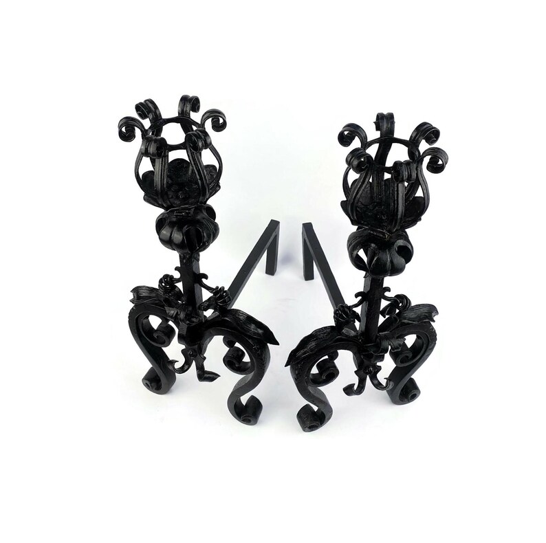 French Wrought Iron Andirons Set, Antique Firedogs, Vintage Fireplace ...