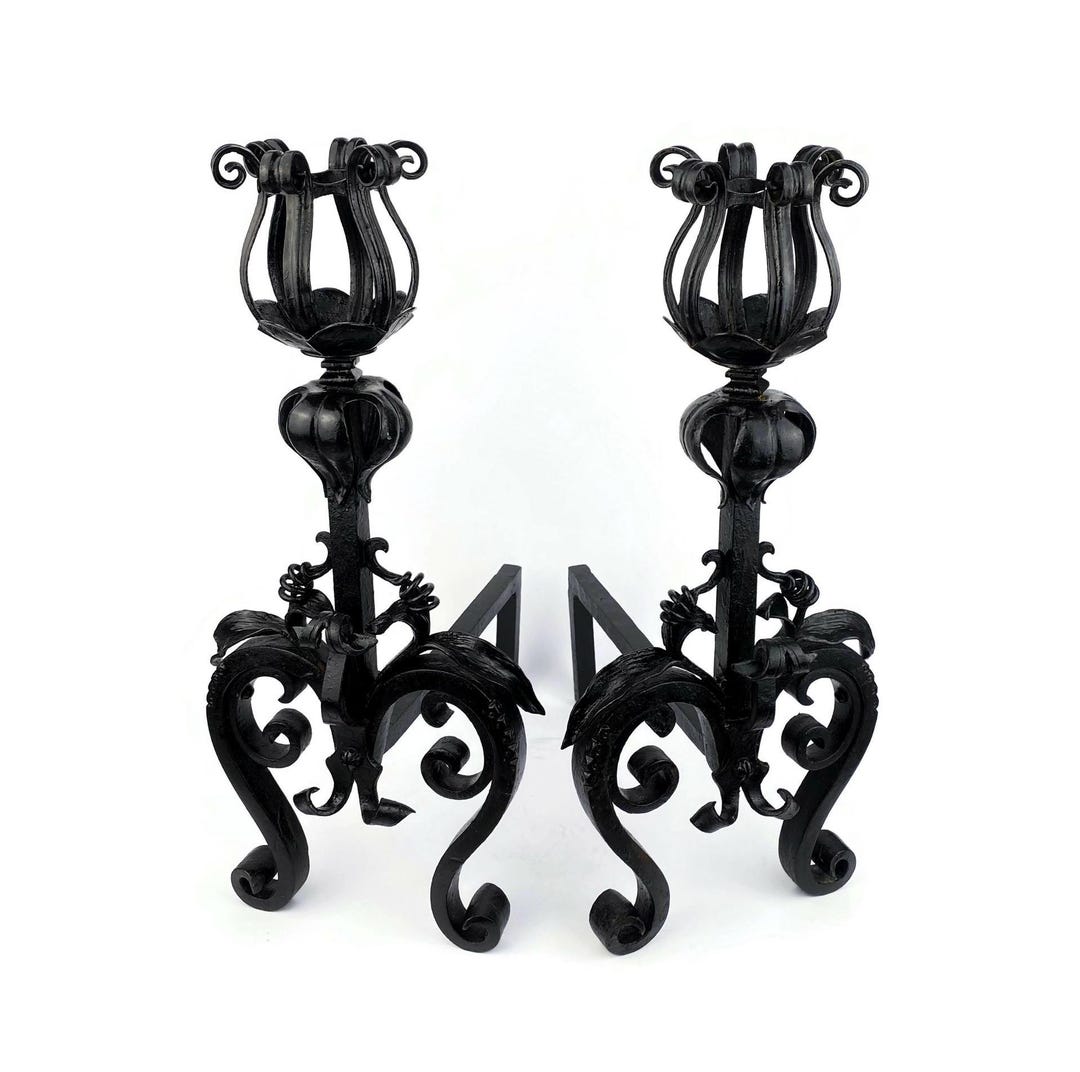 French Wrought Iron Andirons Set, Antique Firedogs, Vintage Fireplace ...