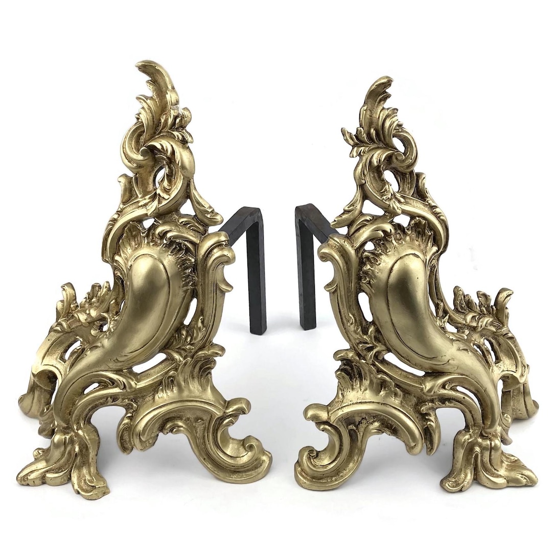 Antique French Andirons Set, Fireplace Ornate Firedogs, Vintage Brass ...