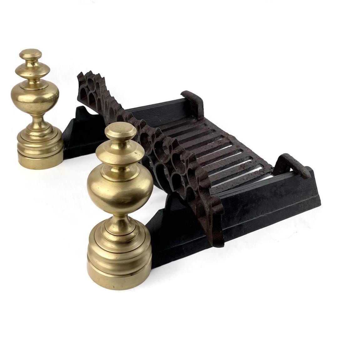 Antique French Andirons With Grate, Fireplace Firedogs, Vintage Brass ...