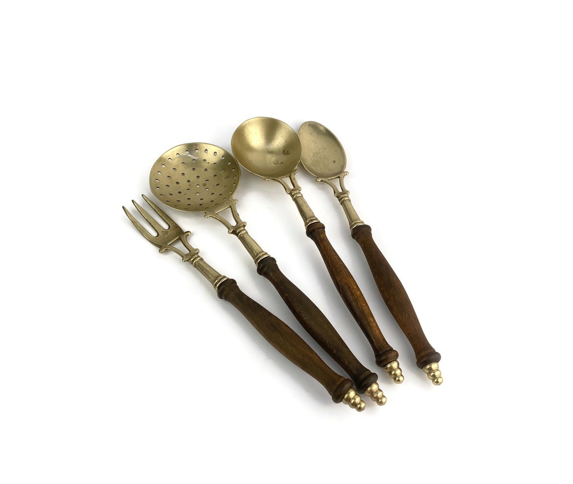 Vintage Kitchen Utensils Made of Brass and Wood, French Kitchen Tool ...