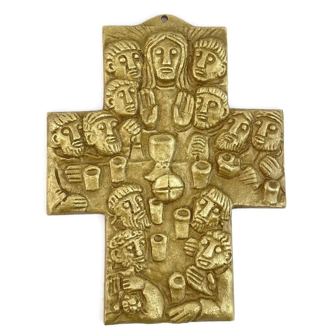Vintage German Brass Wall Cross, Last Supper Scene, Embossed Religious ...