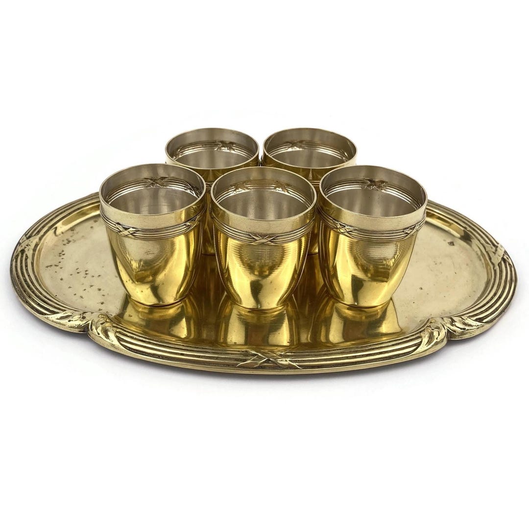 Vintage Brass Liqueur Service Set, 5 Gold Tone Cups With Oval Tray ...